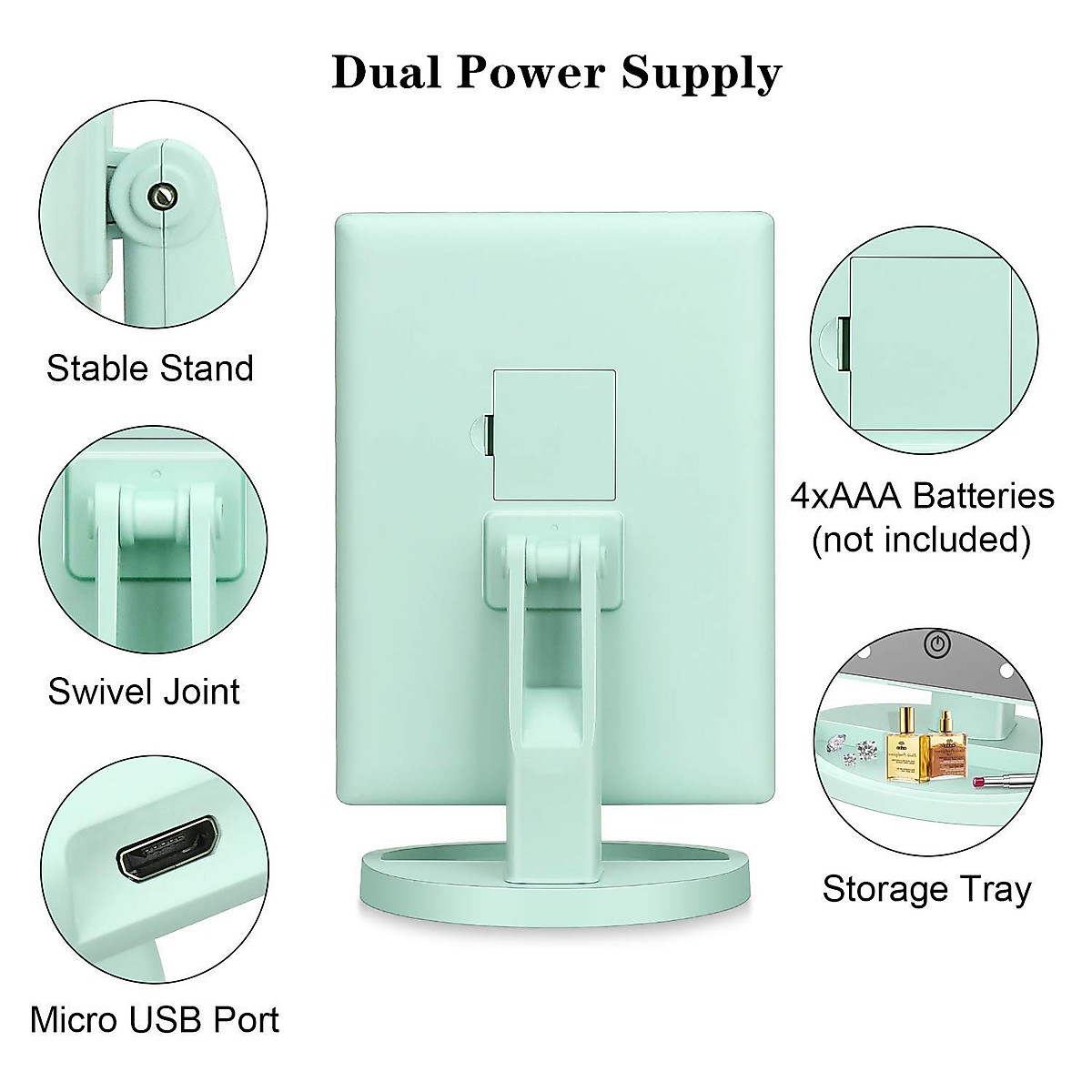 Flymiro Tri-fold Lighted Vanity Makeup Mirror with 3x/2x Magnification,21 LEDs Light and Touch Screen,180 Degree Free Rotation Countertop Cosmetic Mirror,Travel (Green)