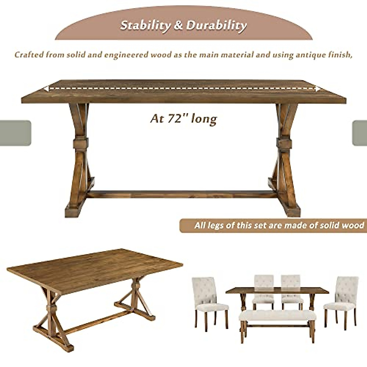 LZ LEISURE ZONE Dining Table Set for 6, Kitchen Table Sets, 6-Piece Farmhouse Dining Table Set, 72" Wood Rectangular Table, 4 Upholstered Chairs with Bench, Walnut