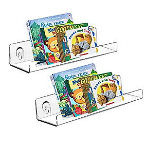 JiePai Acrylic Floating Wall Shelf Bookshelf 15 Inch,Wall Mounted Nursery Kids Bookshelf, Invisible Spice Rack, Clear Thick Bathroom Storage Shelves Display Organizer,2 PCS