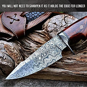 BIGCAT ROAR 10" Handmade Damascus Hunting Knife with Leather Sheath - Ideal for Skinning, Camping, Outdoor - EDC Fixed Blade Bushcraft Knife with Walnut Wood Handle - Predator Hunter