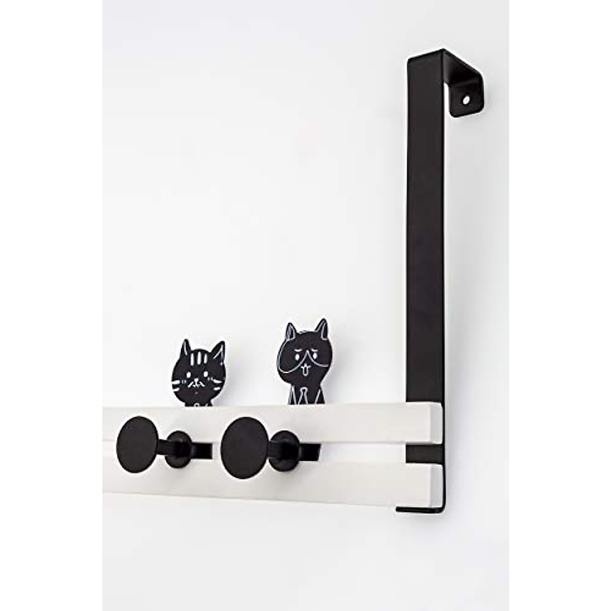 Creathome Over The Door Rail with 4 Peg Hooks, Lovely Cat Pattern, Black and White Style
