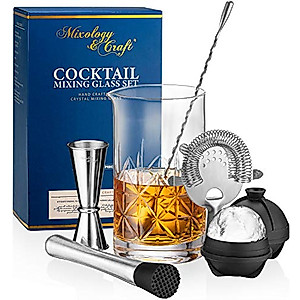 Mixology & Craft Cocktail Set - 7-Piece Bartender Kit - Mixing Glass Set Includes Crystal Stirring Glass (24oz), Japanese Jigger, Spoon, Muddler and Strainer - Bar Accessories and Tools
