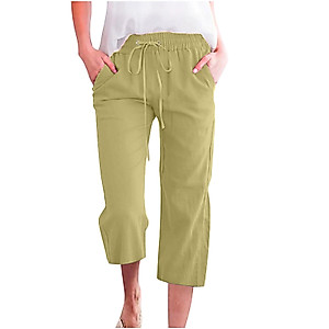 DOLKFU Daily Deals Pants for Women Trendy Women High Waist Casual Capri Cropped Drawstring Elastic Cotton Linen Trousers Loose Fit Beach Capris with Pockets Green XL