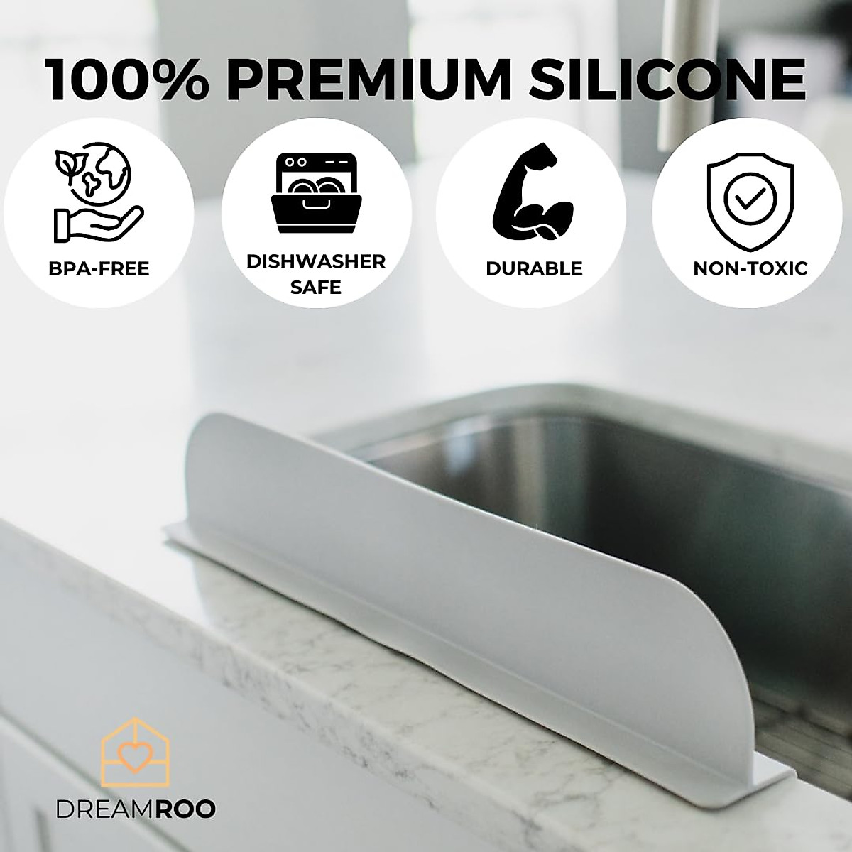 Dreamroo Silicone Sink Splash Guard and Edge Protector - suction cup base for kitchen, bathroom and island sinks (Light Gray)