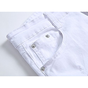 FREDD MARSHALL Men's White Skinny Slim Fit Ripped Distressed Destroyed Stretch Jeans Pants,White,42