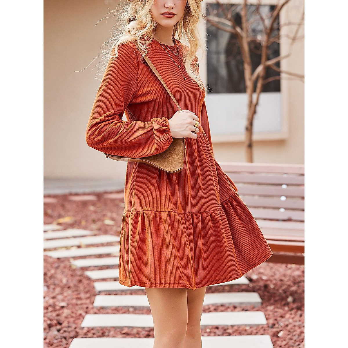 CUPSHE Women's Knitted Dresses Casual Long Sleeve Crew Neck Flowy Tiered Burnt Orange