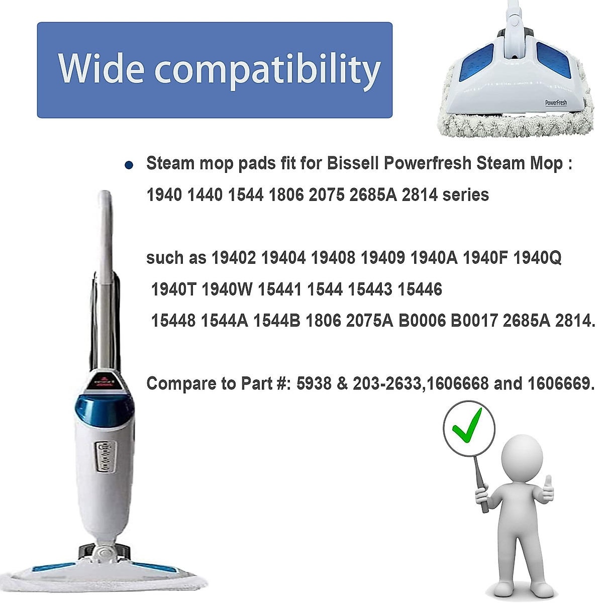 8 Pack Steam Mop Reusable Replacement Pads for Bissell Powerfresh Steam Mop 1940 1806 1544 2075 2685A 2181 2814 Series, Model 19402 19404 19408 19409 1940A 1940F 1940Q 1940T 1940W B0006 B0017 2075A