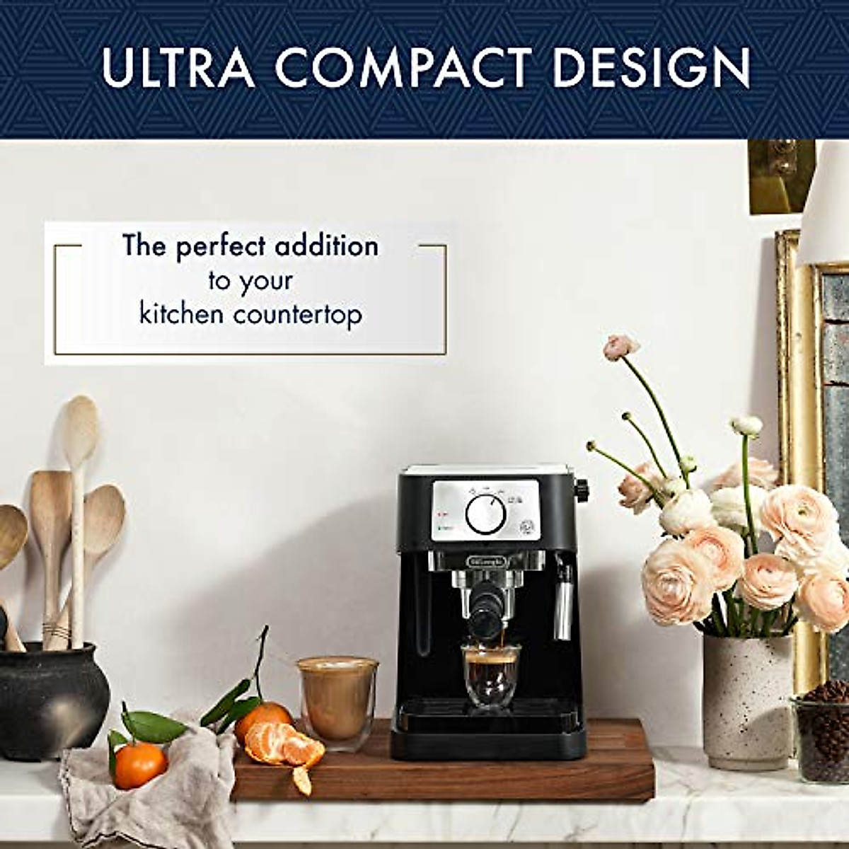 De'Longhi Stilosa Manual Espresso Machine, Latte & Cappuccino Maker, 15 Bar Pump Pressure + Manual Milk Frother Steam Wand & DeLonghi Double Walled Thermo Espresso Glasses, Set of 2, Regular, Clear