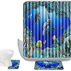 Amagical 3 Piece Ocean Style Underwater World Dolphin Bathroom Mat Contour Mat Fabric Shower Curtain Bathroom Shower Curtain Sets with 12 Hooks
