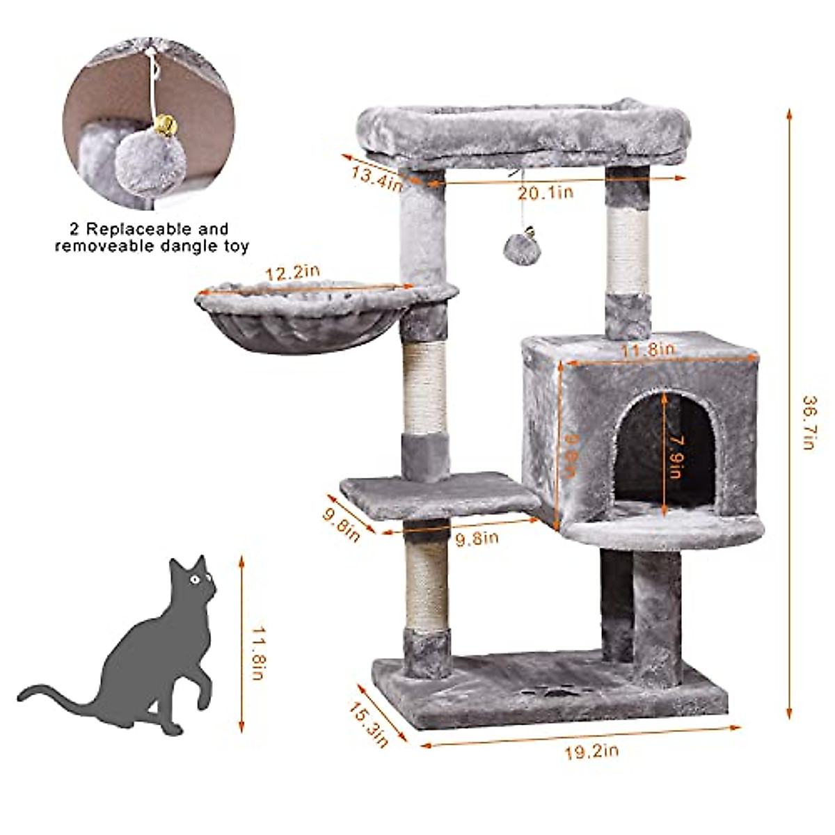 MQ Cat Tree Tower 36.7in with Padded Plush Perches, Condo, Hammock & Cat Scratching Post for Kittens, Large Cats, Gray