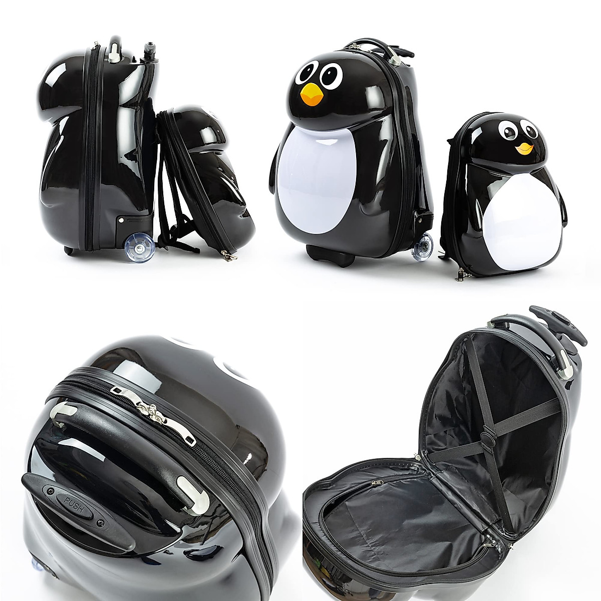 KIDDIETOTES Kids Carry-on Upright Luggage Suitcase and Backpack Set - Smooth Rolling Wheels - Penguin