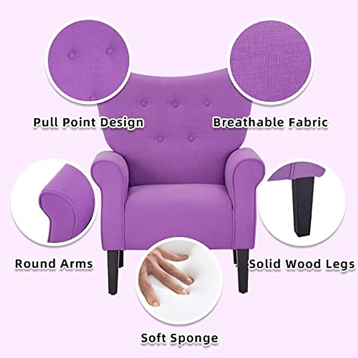 YOLENY Modern Accent Chair,High Back Armchair,Upholstered Fabric Button Single Sofa with Wooden Legs for Living Room, Bedroom, Club, Purple