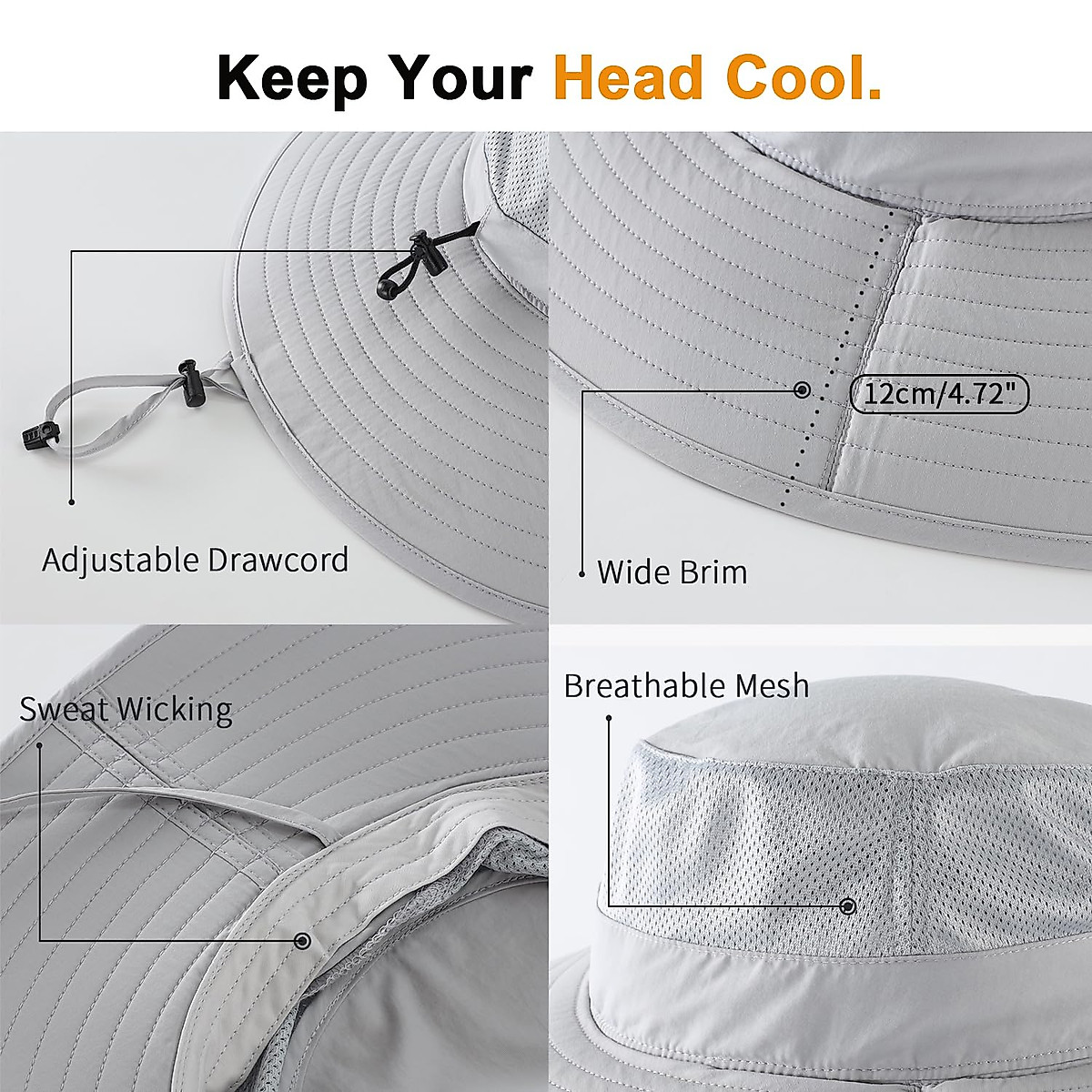 Home Prefer UPF50+ Mens Sun Hat Wide Brim Fishing Hat Airy Womens Sun Protection Hat Gardening Beach Bucket Hat Light Grey