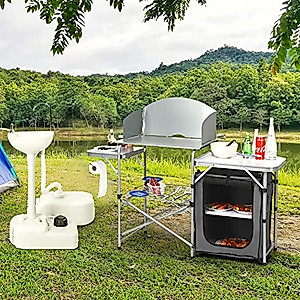 Goplus Camping Kitchen Table, Portable Outdoor Cooking Table with Storage, 26'' Tabletop, Detachable Windscreen, Camp Cook Station, Folding Grill Table for Tailgating BBQ Picnic Backyard Beach RV