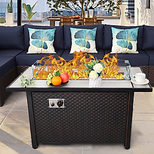 45 Inch Fire Table for Outside 60000 BTU Steel Gas Fire Pit Outdoor Fire Pit Table with Woodgrain Marble Tabletop Glass Wind Guard Cover and Blue Crystal Beads