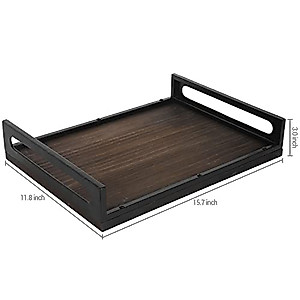 MyGift Large Wood Serving Tray, 16 x 12 Inch Matte Black Metal and Burnt Brown Wooden Party Server Tray, Decorative Ottoman Tray with Cutout Handles