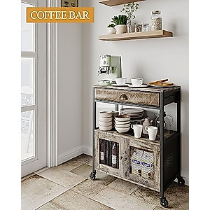 X-cosrack Coffee Bar Cabinet，3 Tiers Kitchen Coffee Cart with Drawer for The Home Buffets & Sideboards, Movable Farmhouse Coffee Station Table on Wheels for Living Room, Entryway, Dining Room, Kitchen