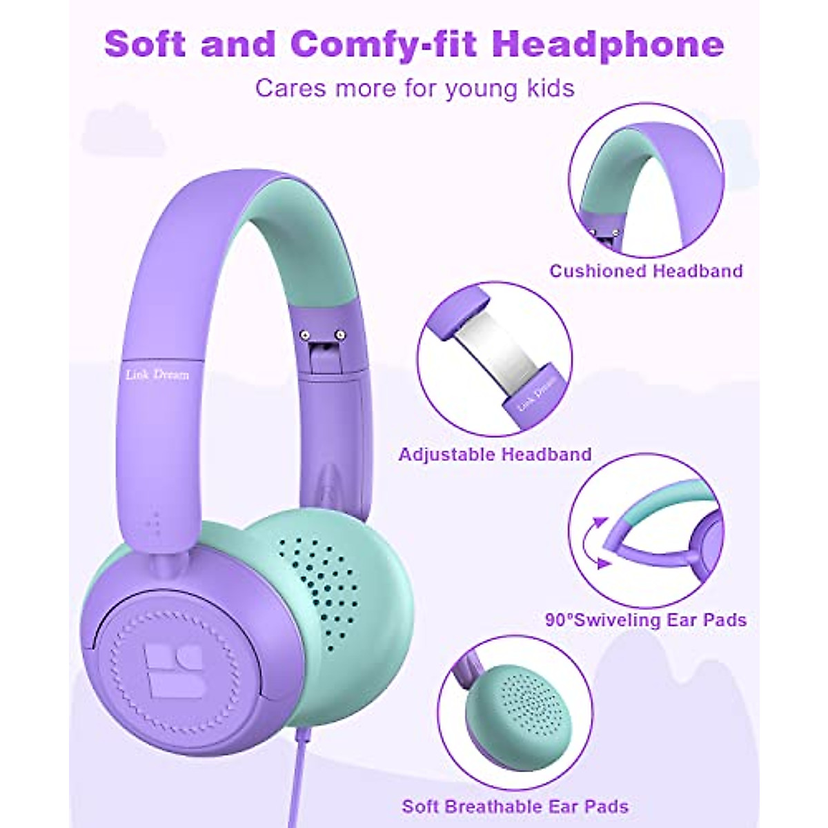 Link Dream Kids Headphones for School Girls Boys with Microphone, Volume Limiter 85/94dB Stereo 3.5.mm Jack On-Ear Folding Headphones for Kids Travel Tablet Computer (Purple)