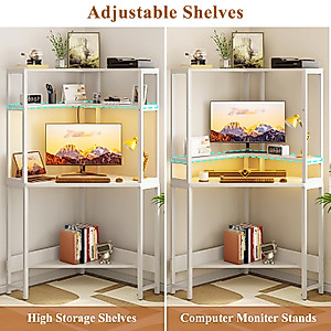 Cyclysio Mini Corner Desk with Hutch, Corner Gaming Desk with LED Light, Corner Computer Desk with Power Outlets, Triangle Corner Desk for Small Space, Home Office, Workstation, White