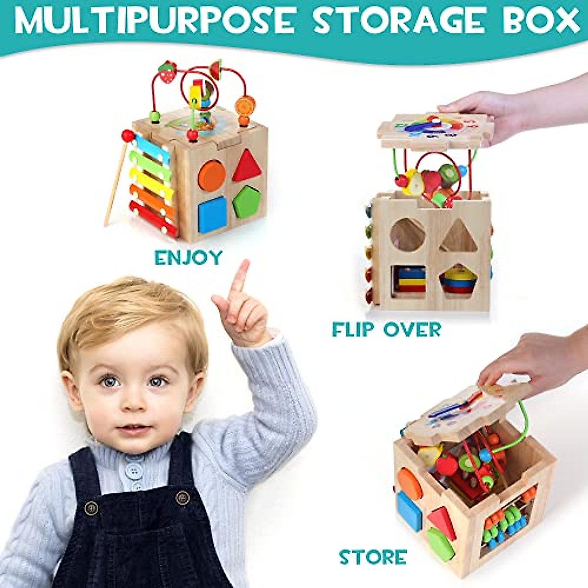HELLOWOOD Wooden Activity Cube, 8-in-1 Montessori Toys Gift Set for 12+ Months Boys & Girls, Educational Learning Toys for Toddlers Age 1-2, One Year Old Baby Birthday Gifts, Bonus Sort & Stack Board