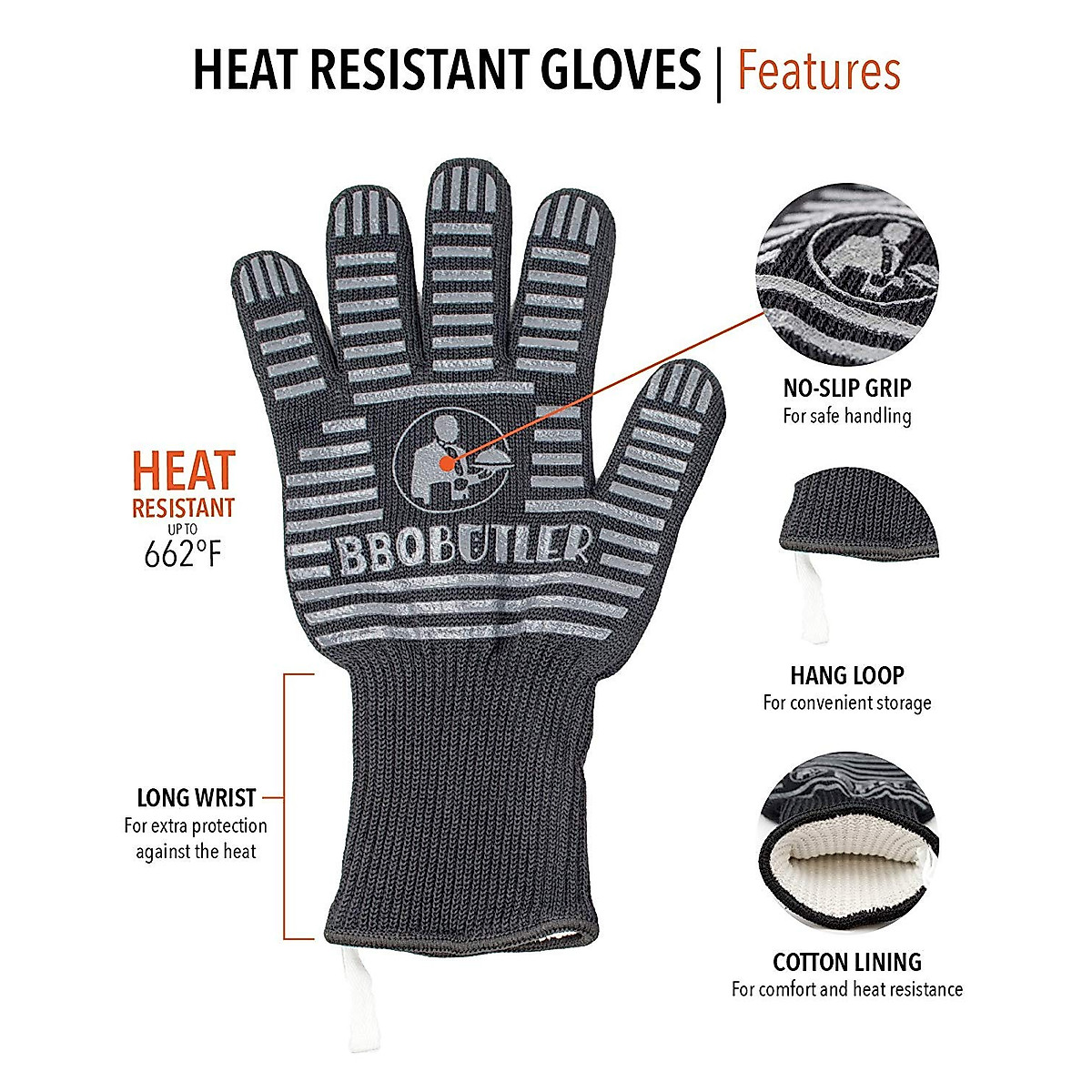 BBQ Butler Heat Resistant Grill Gloves - Grilling/Oven/Smoking/BBQ/Campfire Gloves - Cooking Gloves - High Heat Resistance - Silicone Grip Strips - Black - Two Gloves