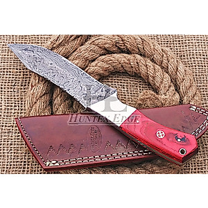 HUNTEX Handmade Hand-Forged Ladder Pattern Damascus Steel 10 Inch Long Full Tang Pakka Wood Handle Razor Sharp Hunting Camping Big Game Hunter Knife w/Genuine Leather Pouch