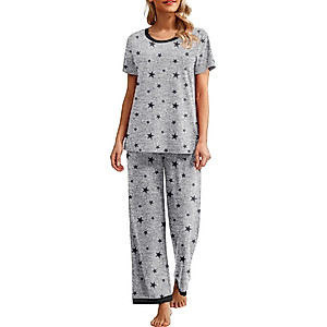 PrinStory 2024 Womens Pajama Set Short Sleeve Sleepwear Ladies Soft Pjs Lounge Set with Pockets Black Star Gray-L
