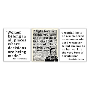 Inspirational Ruth Bader Ginsburg Wall Art - Set of 3, White, 8x10 RBG Poster, RBG Wall Art & Motivational Wall Art, Positive Affirmations Wall Decor for Bedroom & Office Decor for Men & Women