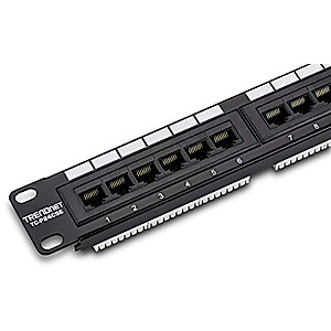 TRENDnet 24-Port Cat5-5e RJ-45 UTP Unshielded Patch Panel, Wallmount or Rackmount, 100Mhz, Color-Coded Labeling, Cat5,Cat5e,Cat4,Cat3 Compatible, 1U Rackmount, Black, TC-P24C5E