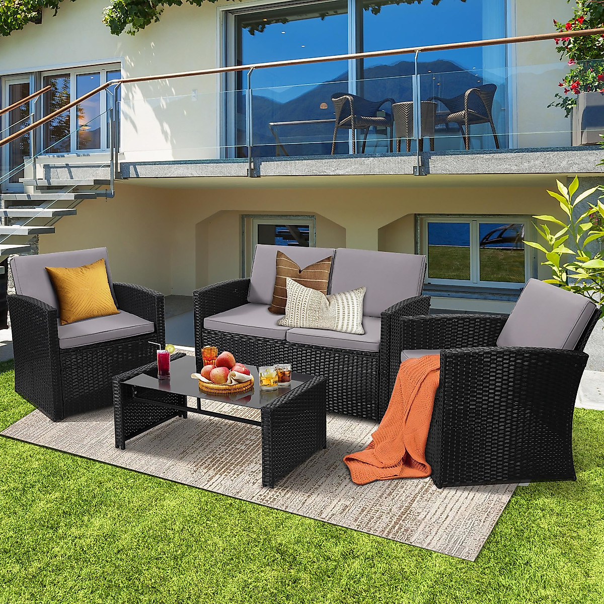 KROFEM 4 Pieces Patio Conversation Set, Outside Rattan Sectional Sofa, Cushioned Furniture Set, Wicker Sofa Ideal for Garden, Porch, Backyard, Black Color Rattan and Light Grey Cushion