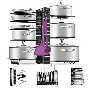 Pan Pot Organizer Rack, MASSUGAR Pan Organizer Adjustable Pot Rack with Hook, Black Metal Kitchen Cabinet Pantry Pot Lid Holder, 3 DIY Methods (Black)