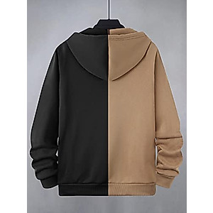 GORGLITTER Men's Color Block Long Sleeve Zip Up Hoodie Cartoon Graphic Drawstring Hooded Sweatshirt Tops Black and Khaki Large