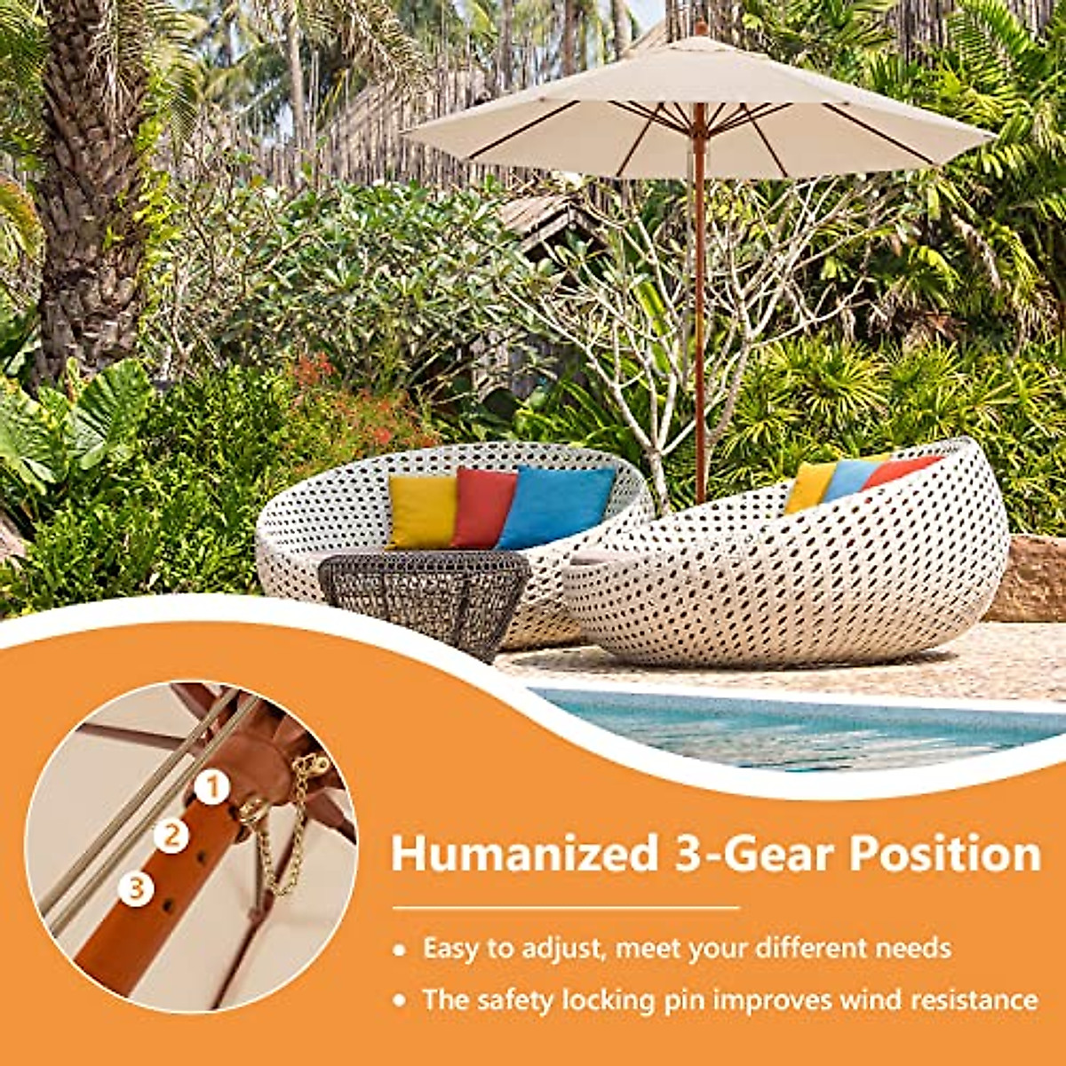 TANGKULA 9.5 FT Pulley Lift Round Patio Umbrella, Wooden Market Umbrella W/Rope Pulley Mechanism, 8 Fiberglass Ribs, Portable Table Parasol, Outdoor Sun Umbrella for Garden, Yard, Deck, Pool (Beige)