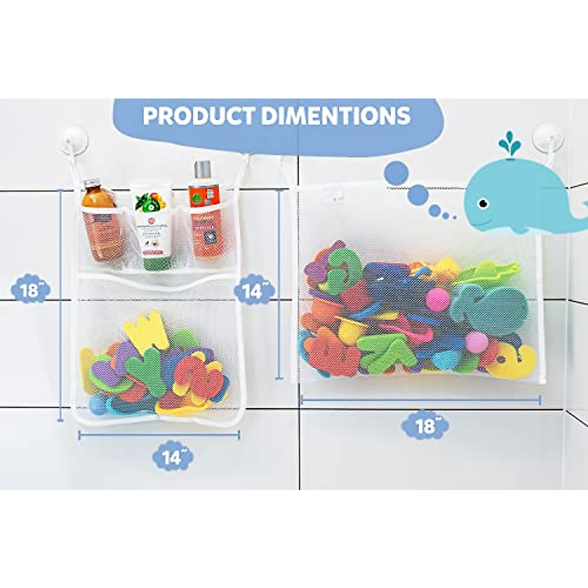 Comfylife 2 x Mesh Bath Toy Organizer + 6 Ultra Strong Hooks + 36 Bath Letters & Numbers – Eco-Safe, Fun, Educational Foam Baby Bath Letters and Perfect Toy Storage Net for Baby Bath Toys & More