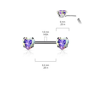 Pierced Owl 14G Stainless Steel Threadless Push-in Prong Set Crystal Heart Nipple Rings, Sold as a Pair (Silver Tone/Red)