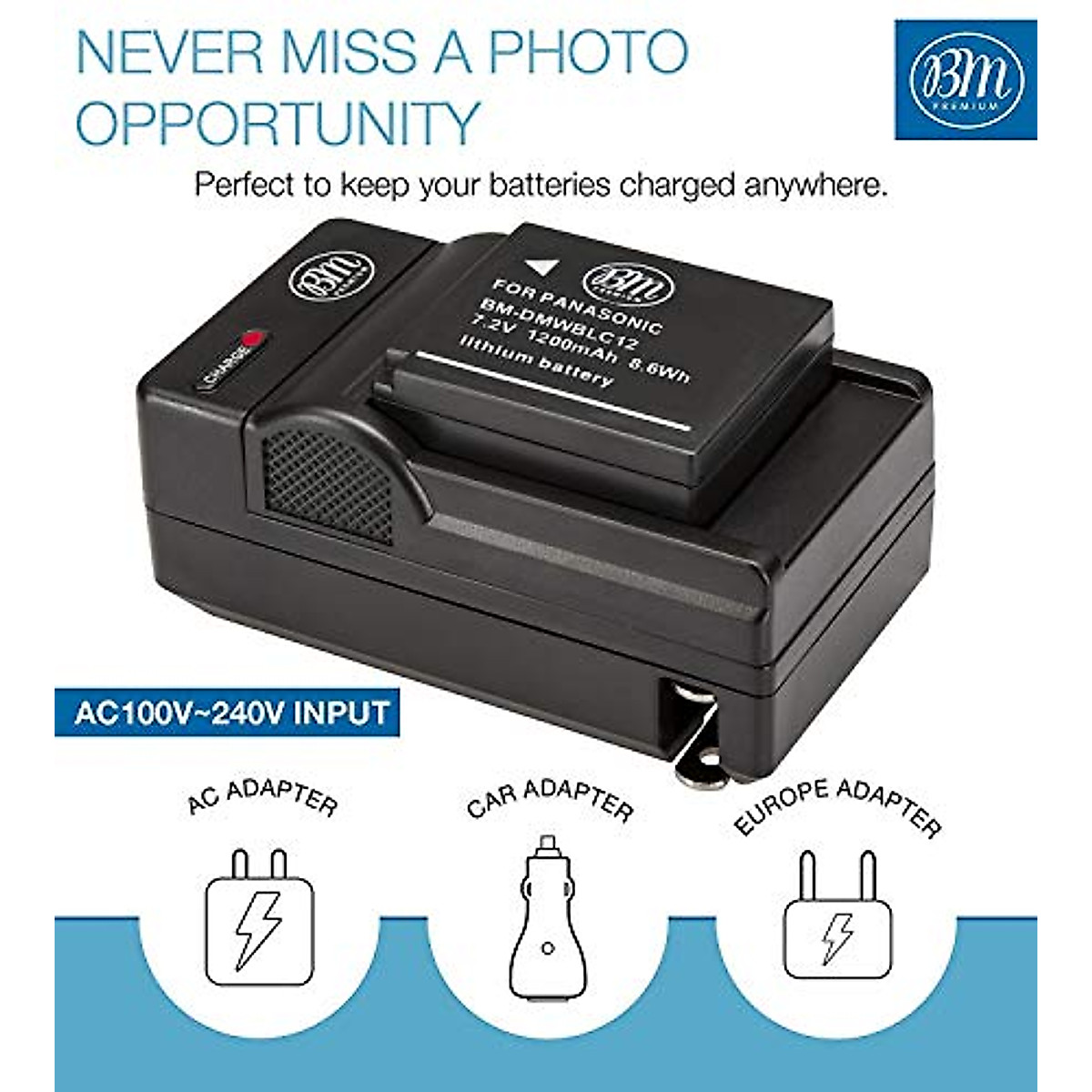 BM Premium High Capacity DMW-BLC12 Battery and Battery Charger for Panasonic Lumix DC-FZ1000 II DC-G95 DMC-G85 DMC-GH2 DMC-G5 DMC-G6K DMC-G7 DMC-GX8 DMC-FZ200 DMC-FZ300 DMC-FZ1000 DMC-FZ2500 Cameras