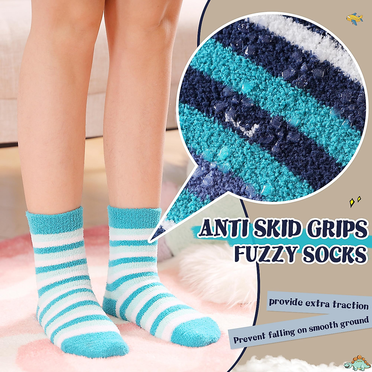 Kids Fuzzy Slipper Grip Socks Boys Girls Non Slip Winter Thick Fluffy Warm Soft Plush Thermal Crew Socks 6 Pairs (4-7 Years, 6 Pairs Stripe)