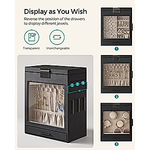 SONGMICS Jewelry Box with Glass Window, 5-Layer Jewelry Organizer with 3 Side Drawers, Jewelry Storage, with Vertical Storage Space, Big Mirror, Modern Style, Graphite Black and Silver UJBC162B01