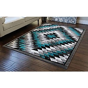 Masada Rugs, Stephanie Collection Area Rug Southwest Native American Distressed Design 1106 Turquoise Grey White Black (4 Feet X 5 Feet)