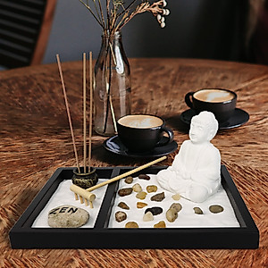 Japanese Mini Zen Garden with Incense Holder, and White Miniature Buddha Statue for Relaxation and Meditation, Perfect Home Desk Decor and Gift Set - 7" x 8.5" x 6.5"