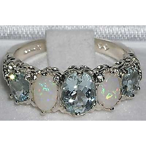 LetsBuyGold 14k White Gold Real Genuine Aquamarine and Opal Womens Promise Ring - Size 9