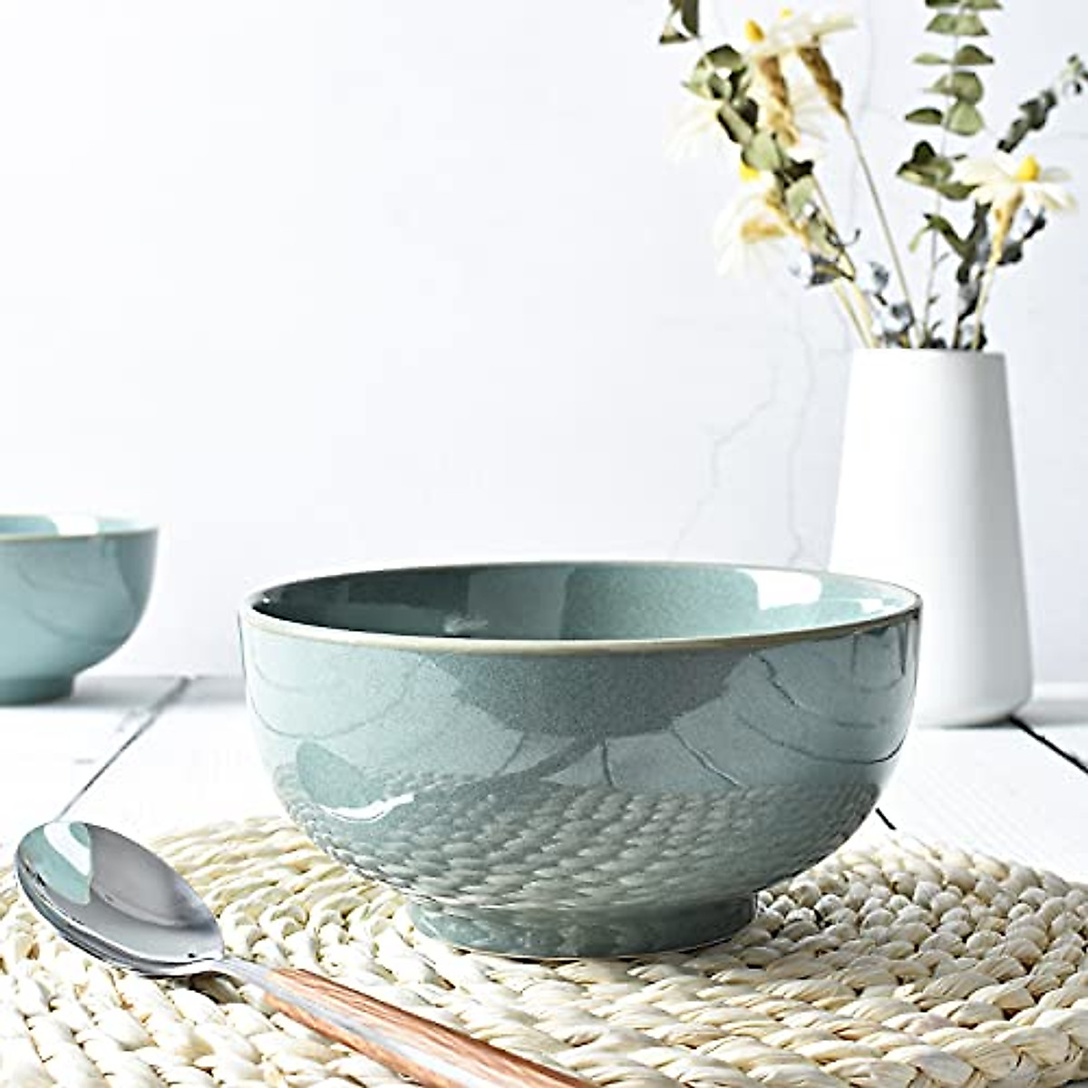 Bosmarlin Ceramic Soup Bowl Set of 4, 24 Oz, Cereal Bowl for Oatmeal, Dishwasher and Microwave Safe (5.75 Inches, Sage Green)