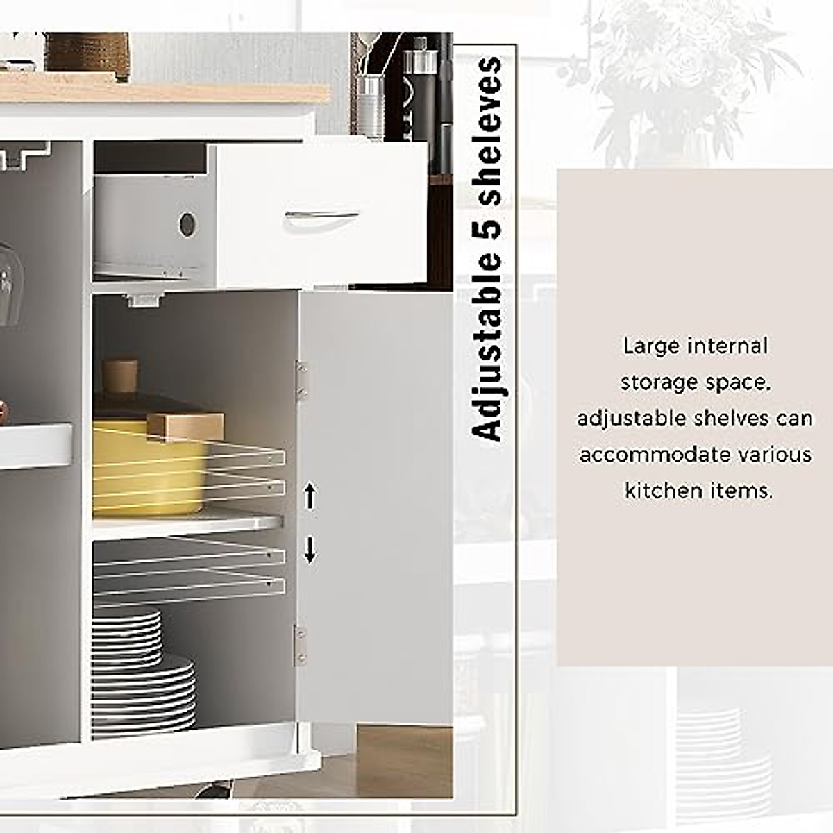 Kitchen Island Cart on Wheels with Storage Drawers, Multipurpose Kitchen Cart Cabinet with Side Storage Shelves and Wine Rack Kitchen Island with Rubber Wood Top for Dining Room, Home, Bar, White