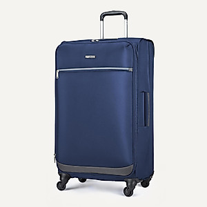 Amazon Basics Luggage, 30" Large Checked Softside Suitcase With Wheels With Four 360-Degree Multi-directional Spinner Wheels Expandable Space Zippered Pocket and Straps, Telescopic Handle, Navy Blue
