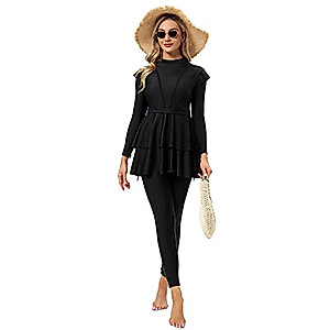 Muslim Swimsuits for Women Modest Islamic Swimwear Burkini Full Cover Hijab Long Sleeve Muslim Dress Tops + Pants Set with Swimming Cap Costume Sun Protection Beachwear Bathing Suits Black XL