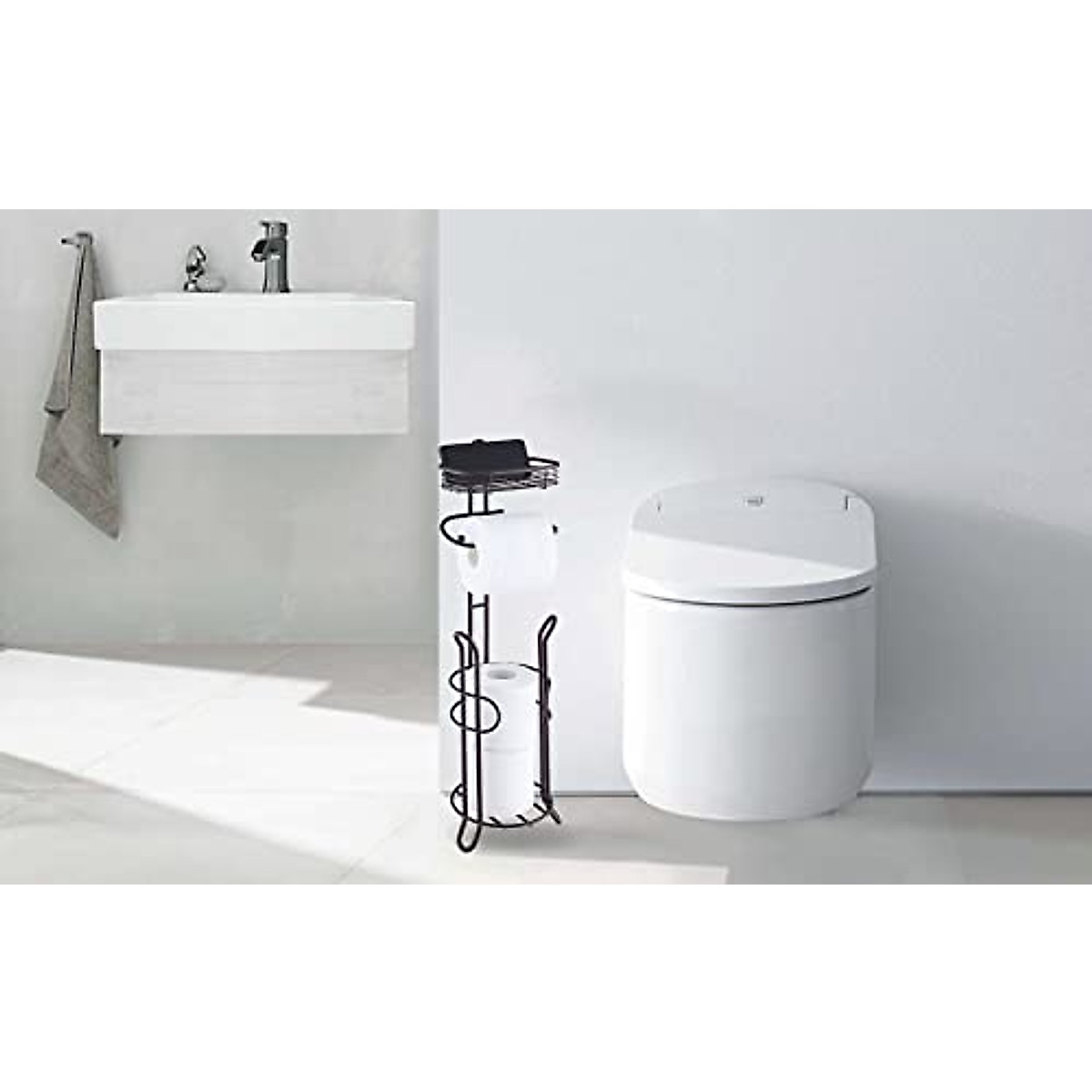 SunnyPoint Bathroom Heavyweight Toilet Tissue Paper Roll Storage Holder Stand with Reserve and Shelve, The Reserve Area Has Enough Space to Store Mega Rolls. (Bronze)