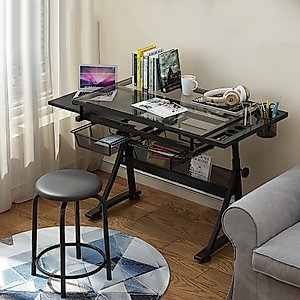 EESHHA Drawing Table Adjustable Height Drafting Desk/Tiltable Glass Tabletop Drawing Table with 2 Storage Drawers and One Side, for Reading, Writing Art Craft W/Stool, 90 * 60 * 78-93CM