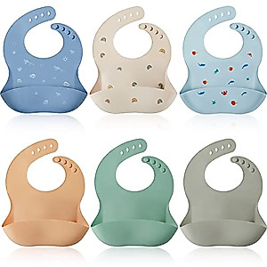 JaGely 6 Pcs Baby Silicone Bibs Soft Adjustable Fit Baby Bibs Waterproof Feeding Silicone Bibs with Food Catcher Pocket for Toddlers Girls Boys
