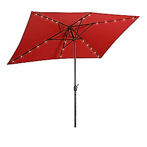 Aok Garden 6.5FT × 10FT Solar LED Lighted Patio Umbrella with Push Button Tilt and Sturdy Aluminum Ribs for Deck Lawn Pool & Backyard - Red