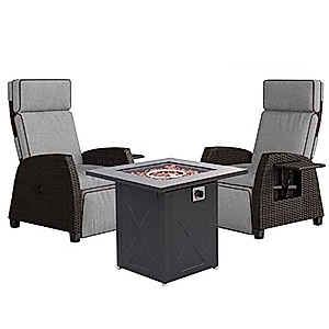 Grand patio Outdoor Furniture with Fire Pit Table Recliner Wicker Chairs 3 Pieces Reclining Chair for Patio Garden Backyard, Cool Grey